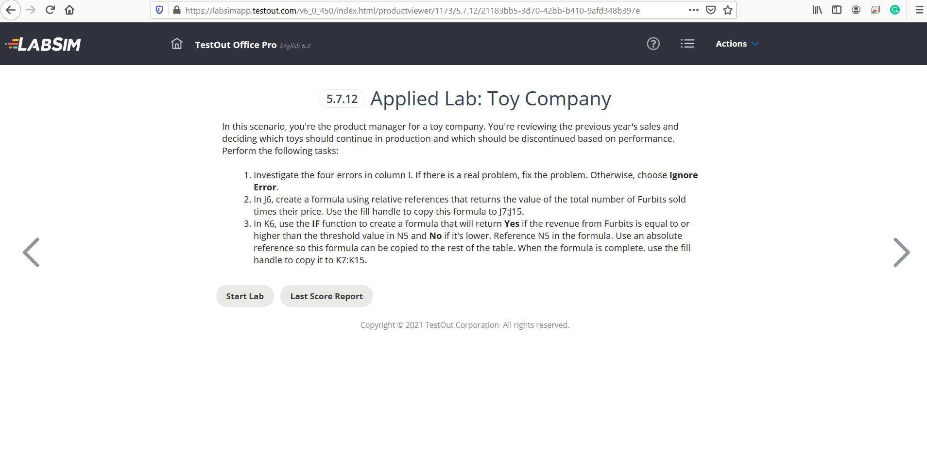 TestOut Excel Lab 5.7.12