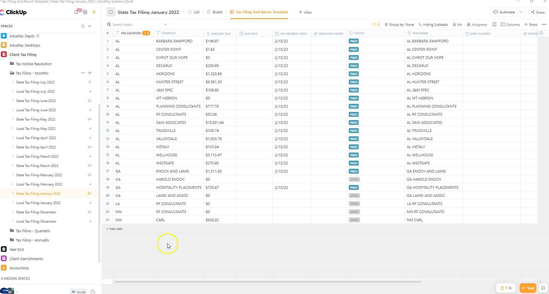 Updating Tax Filing Records Clickup