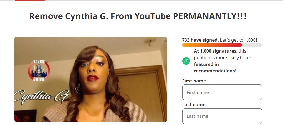 Snip - Petition · Remove Cynthia G. From YouTube PERMANANTLY ...