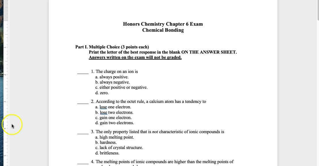 Honors Chemistry Chapter 6 Exam