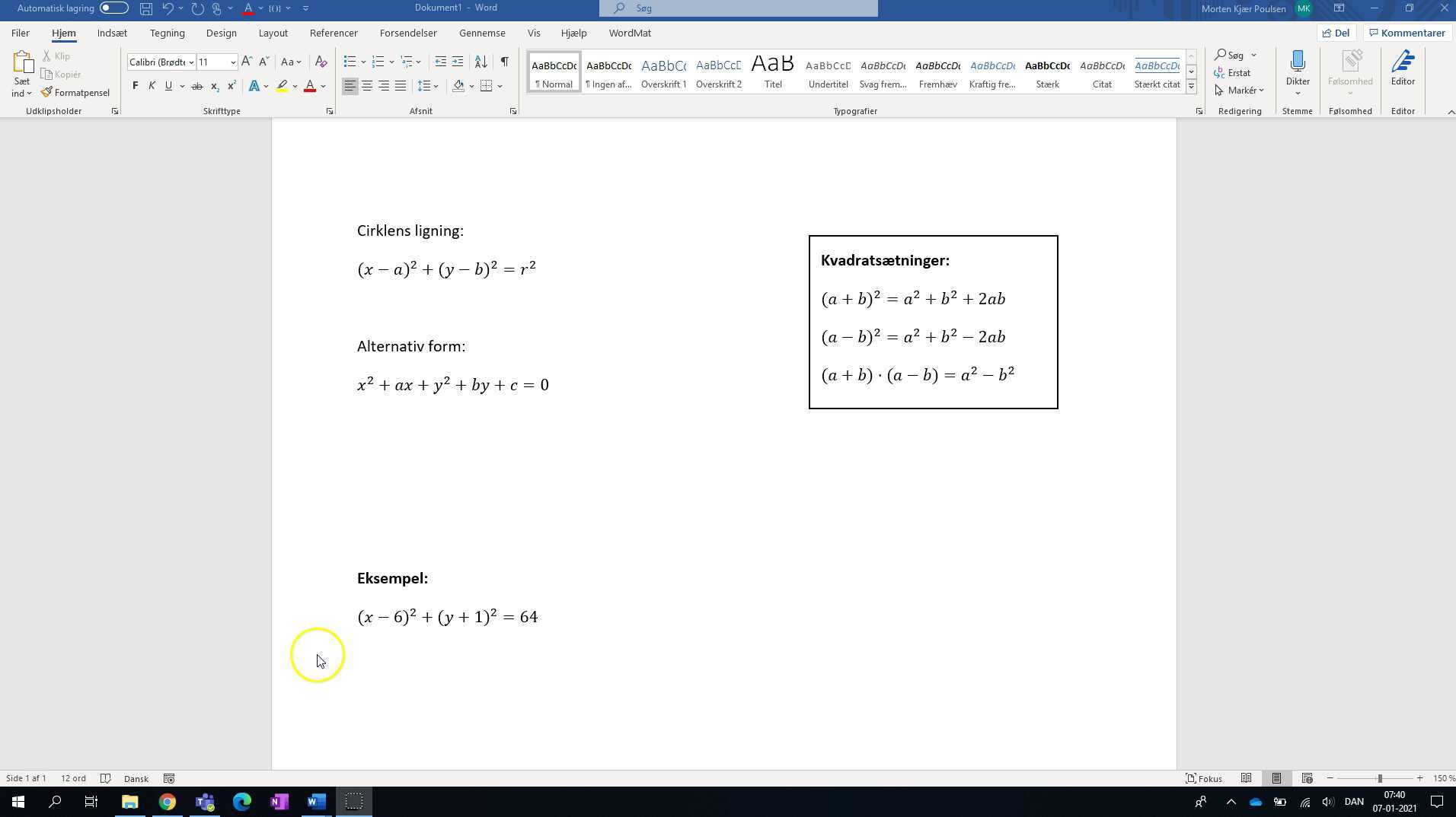 Cirklens ligning: klassisk til alternativ form