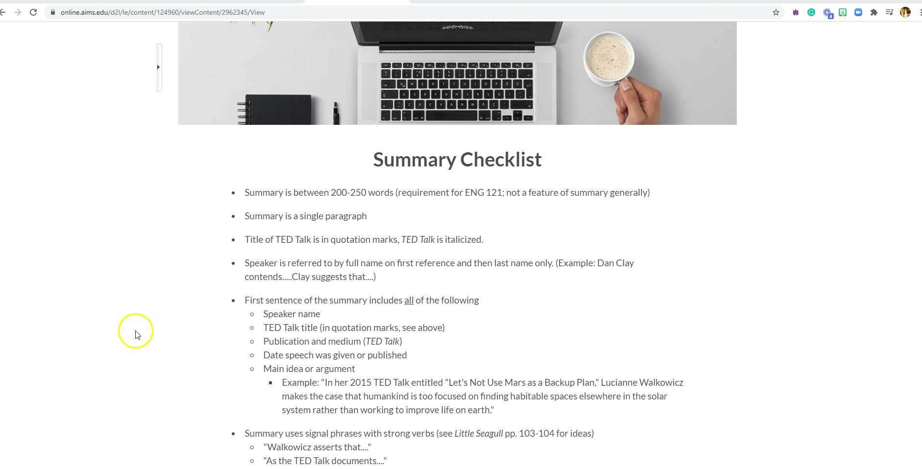 Summary Checklist, Signal Phrases, & Student Sample ENG 121 Online