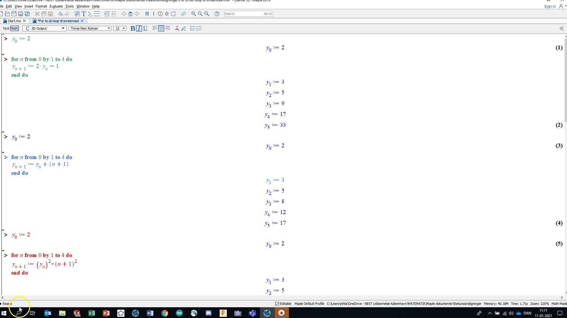 Loops i Maple til rekursion