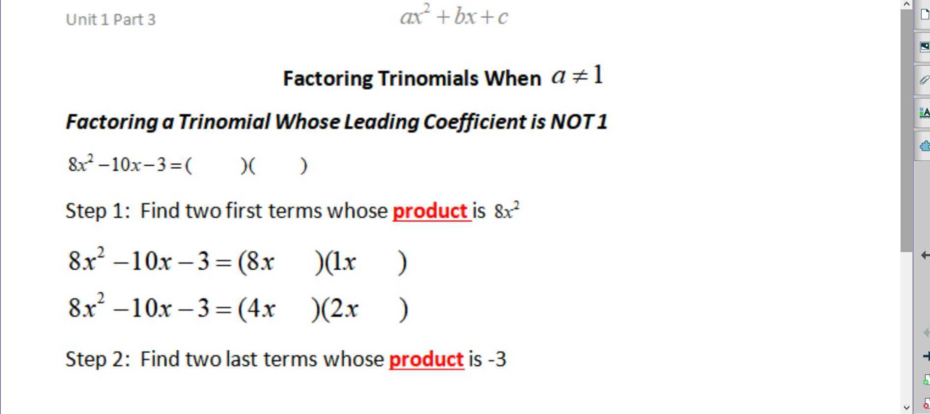 U1 P3 Notes Factoring Trinomials a > 1