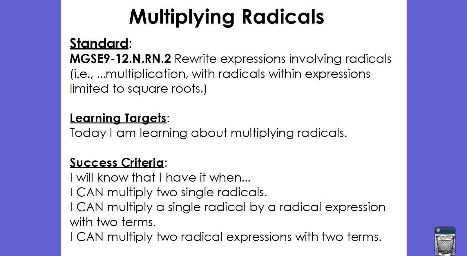 Video Lesson Multiplying Radicals