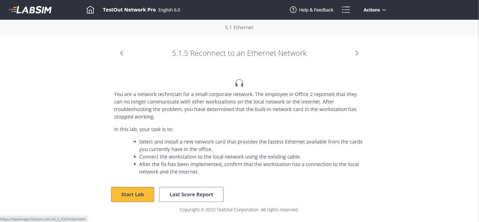 Network Pro Lab 05.01.05 Reconnect to an Ethernet Network