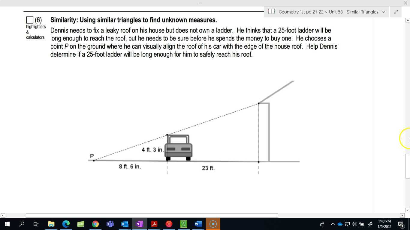 Geom unit 5b lesson 2 part 2 application problems in similar triangles