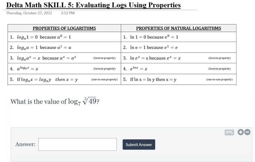 PCT Delta Math Skill 5 Evaluating Using Log Properties