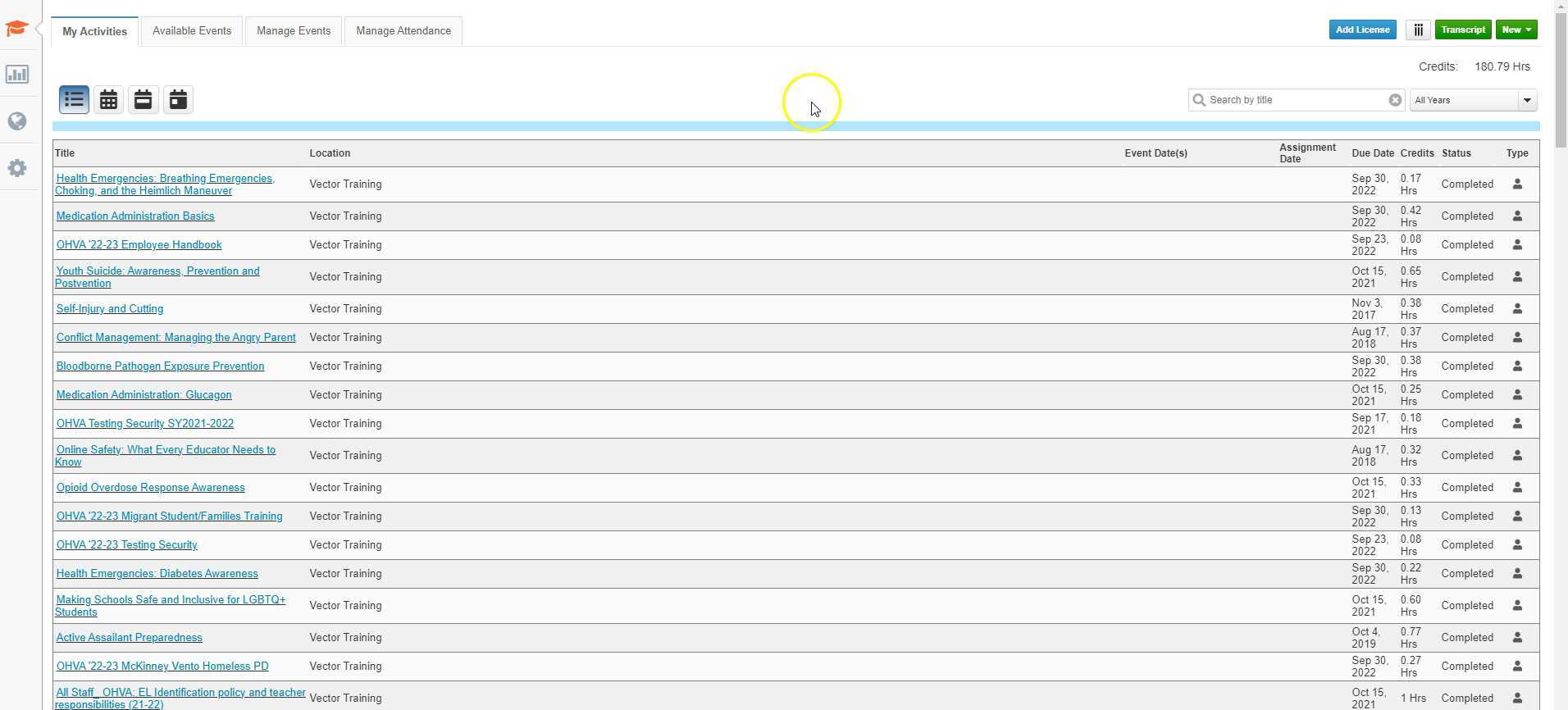 Adding Outside PD hours to vector transcript
