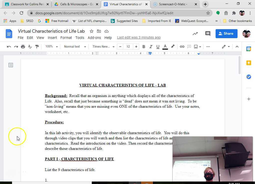 Adv. Biology - Virtual characteristics of Life Lab and Virtual Instructions