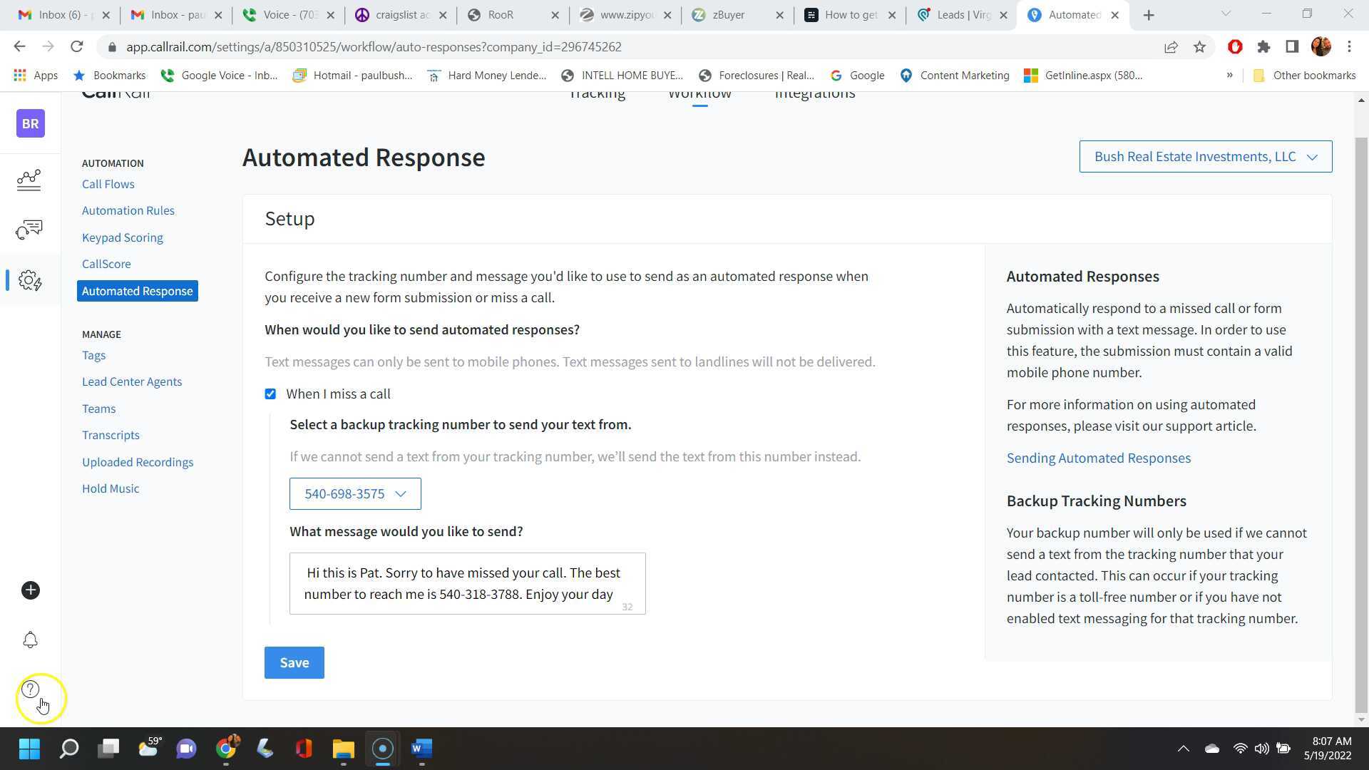 Pat's new messages to record in Callrail and Roor