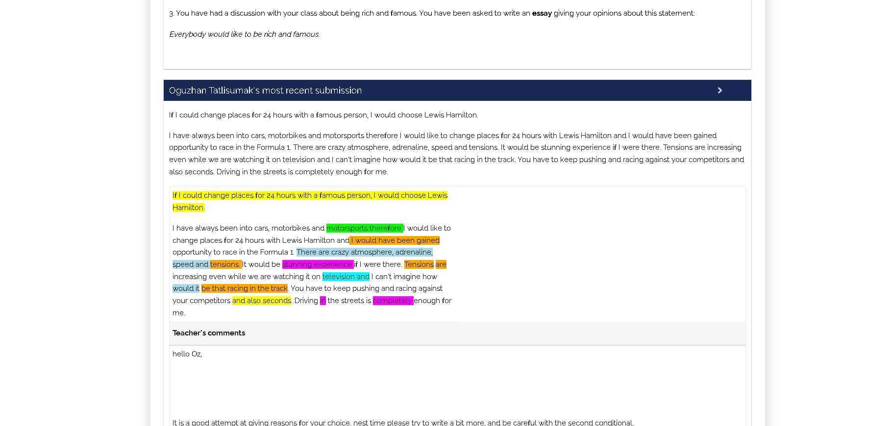 Marking a writing submission