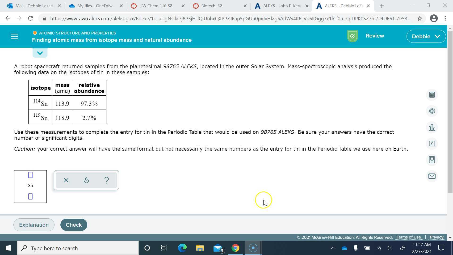 ALEKS Finding atomic mass from isotope mass and natural abundance