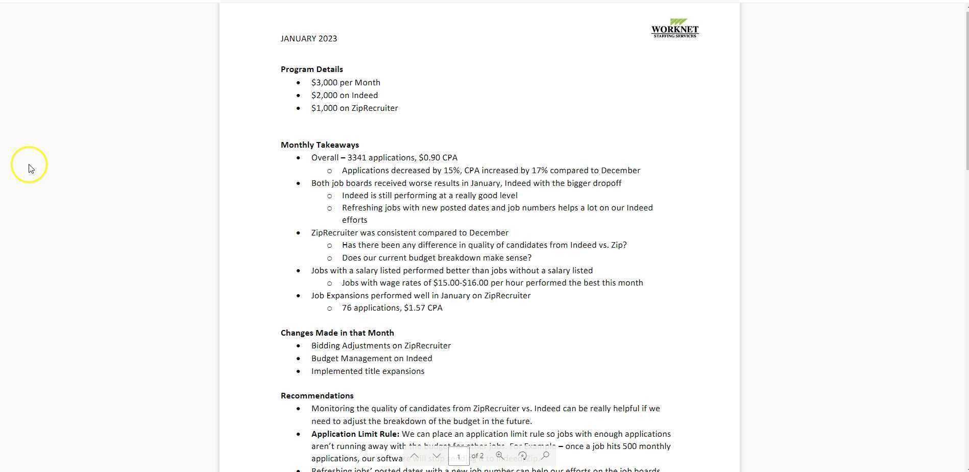 Monthly Report - Worknet Staffing Services