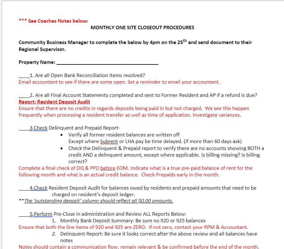 Pre-Close Month End Checklist Process