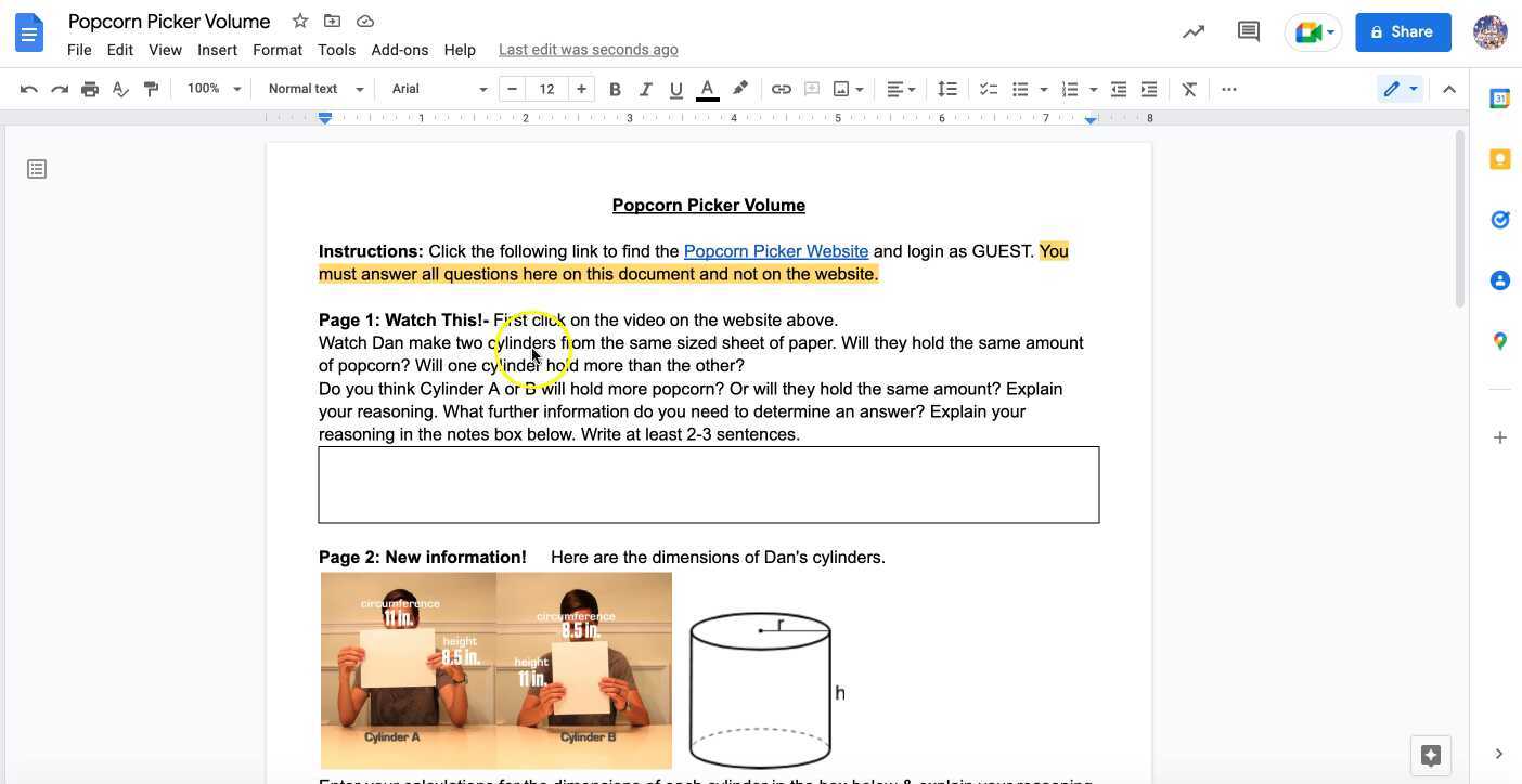 Volume from Circumference Video Explanation for Page 2 -Popcorn Picker ...