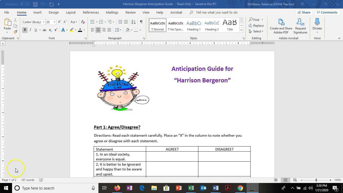 Anticipation Guide for "Harrison Bergeron"
