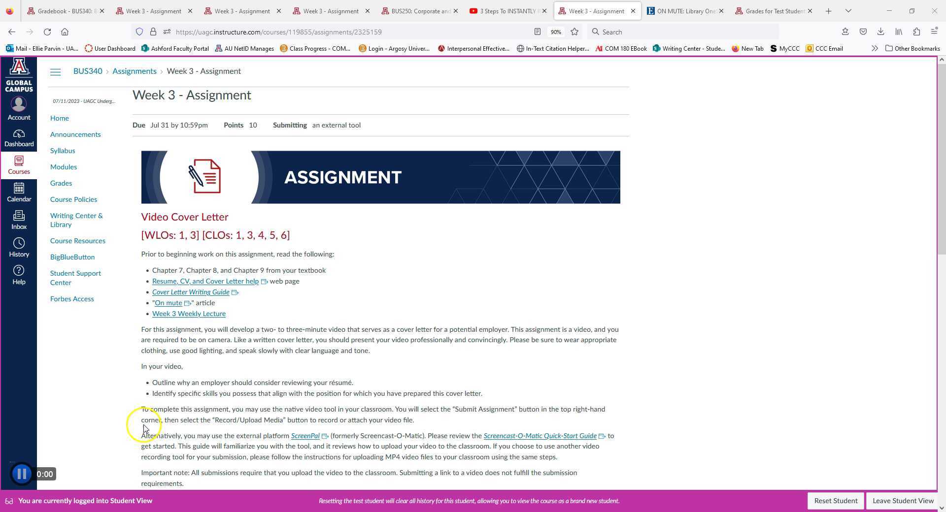 Uploading Week 3 Cover Letter Video Assignment