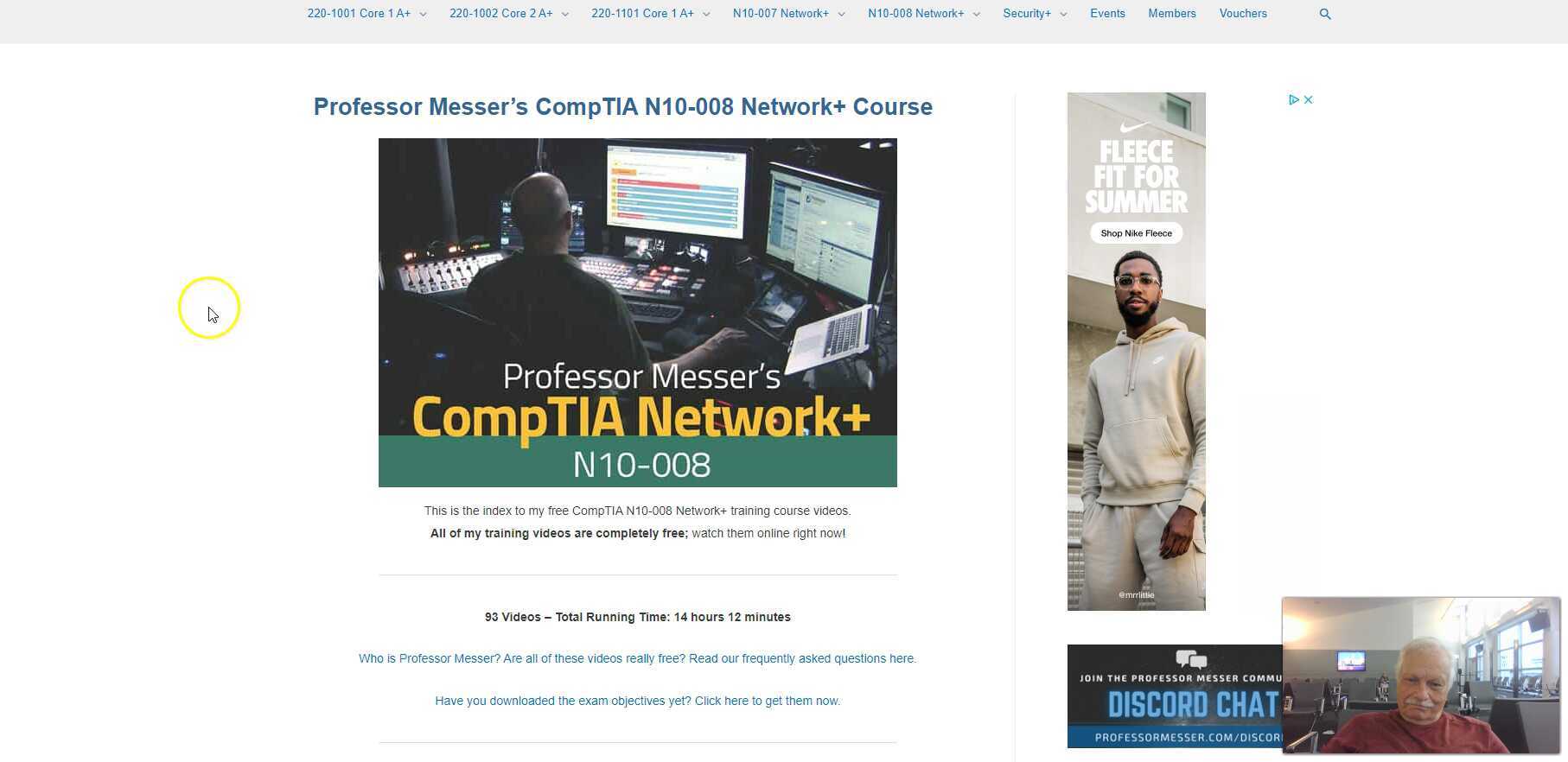 Professor Messer Videos on Network+