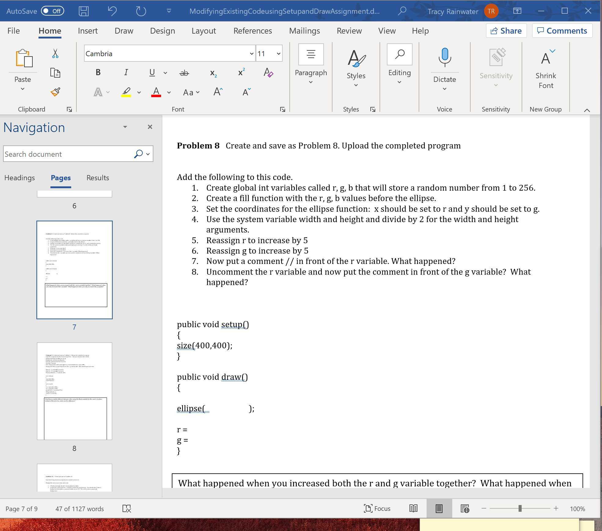 Modifying Existing Code Using Setup and Draw - Problem 8