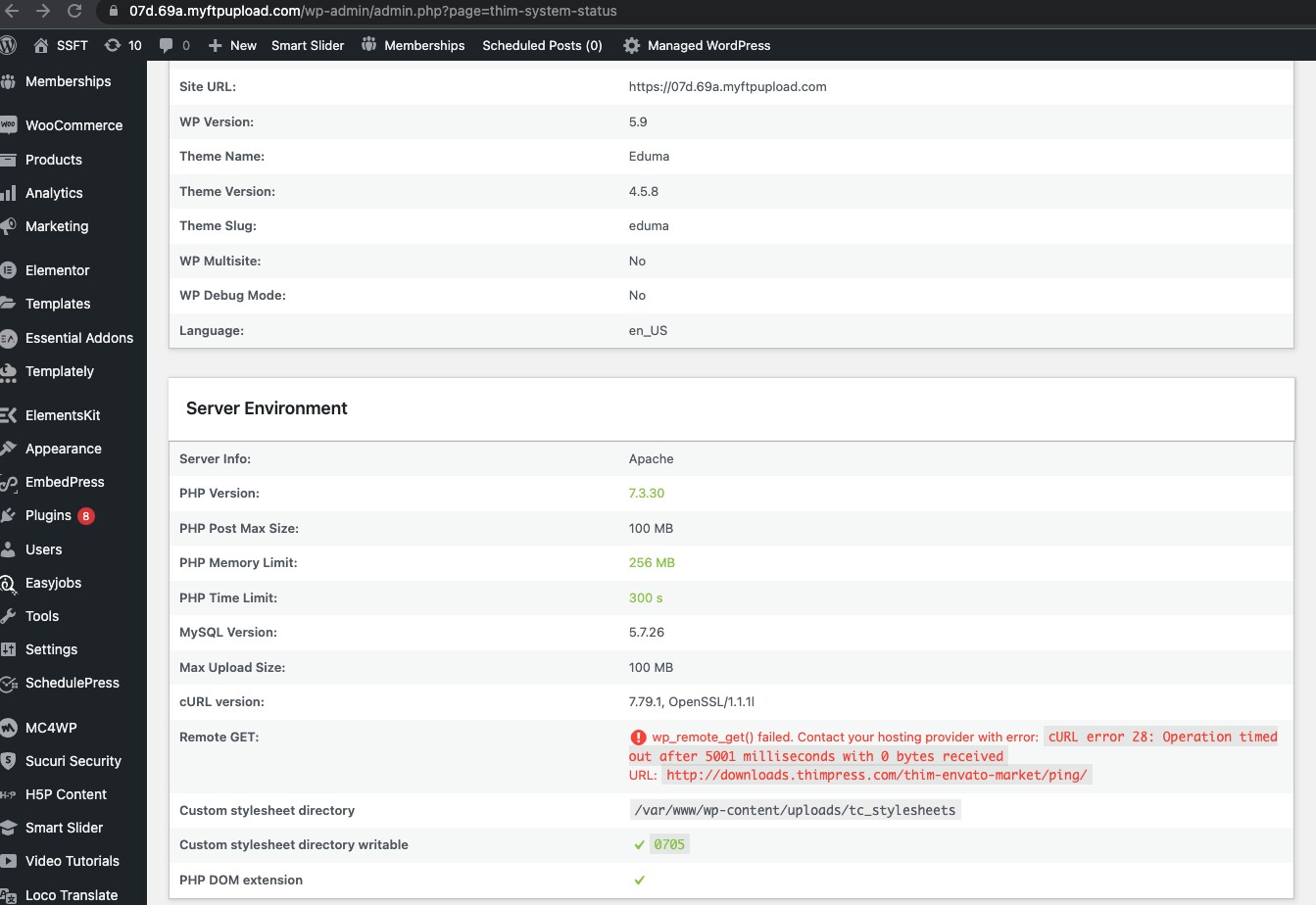 Snip - System Status ‹ SSFT — WordPress