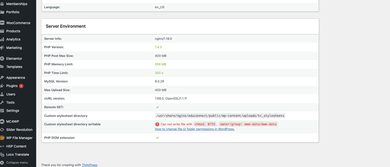 Snip - System Status ‹ Education Connect — WordPress