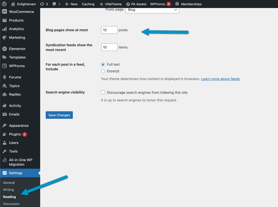 Snip - Reading Settings ‹ Enlightenam — WordPress