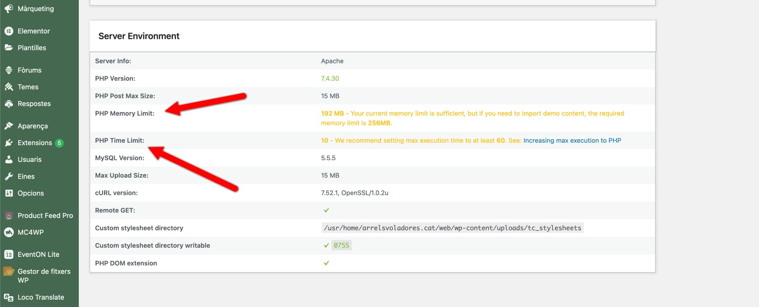 Snip - System Status ‹ Arrels Voladores — WordPress