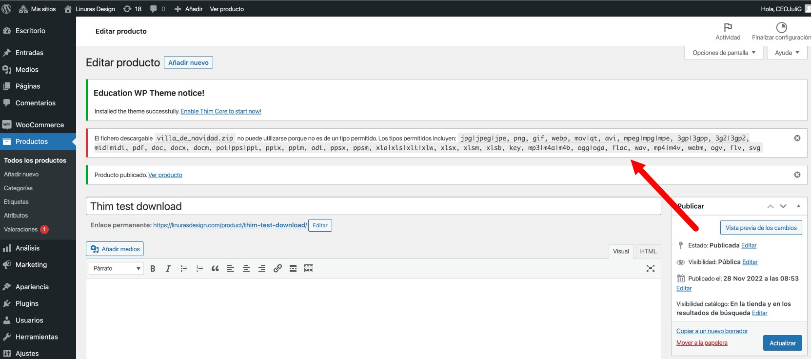 Snip - Editar producto «Thim test download» Linuras Design — WordPress