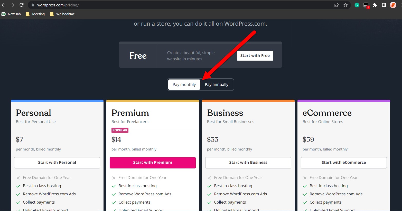 Snip - WordPress Cost WordPress Price Compare Our Plans - Google Chrome