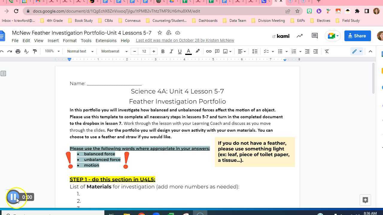 Unit 4 Science Portfolio Instructions