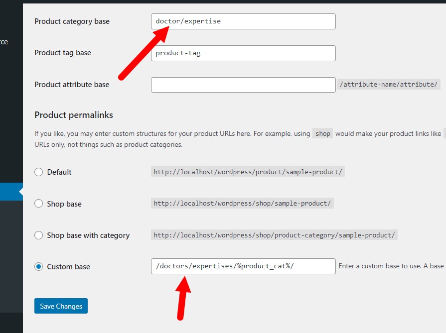 Snip - Permalink Settings Woo Test Table WordPress - Google Chro