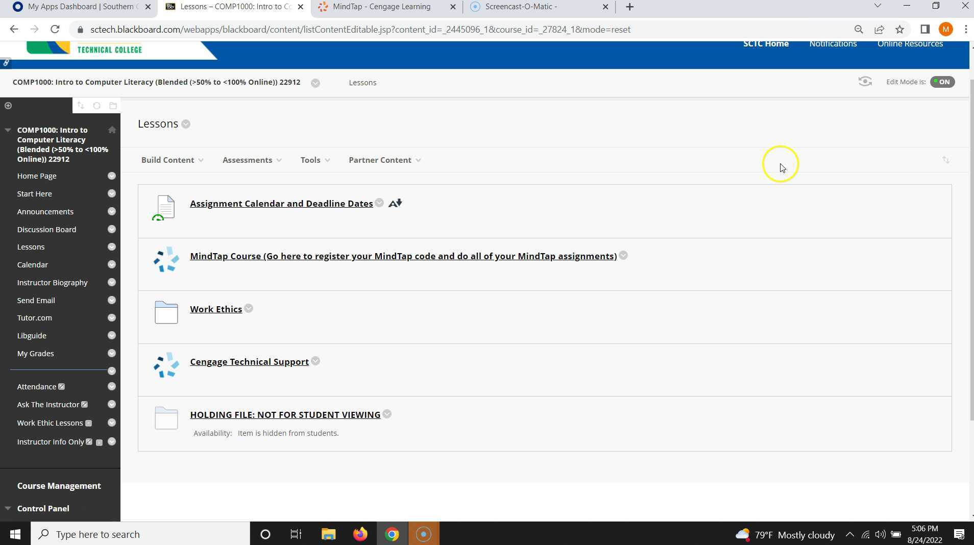Doing the MindTap "Operating Systems", "WORD", "EXCEL", "POWERPOINT", and "OUTLOOK" assignments