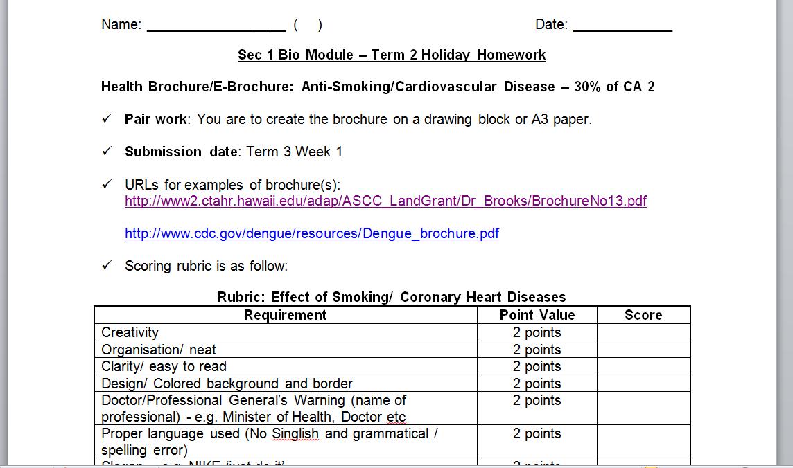 Sec 1 Bio Holiday HW