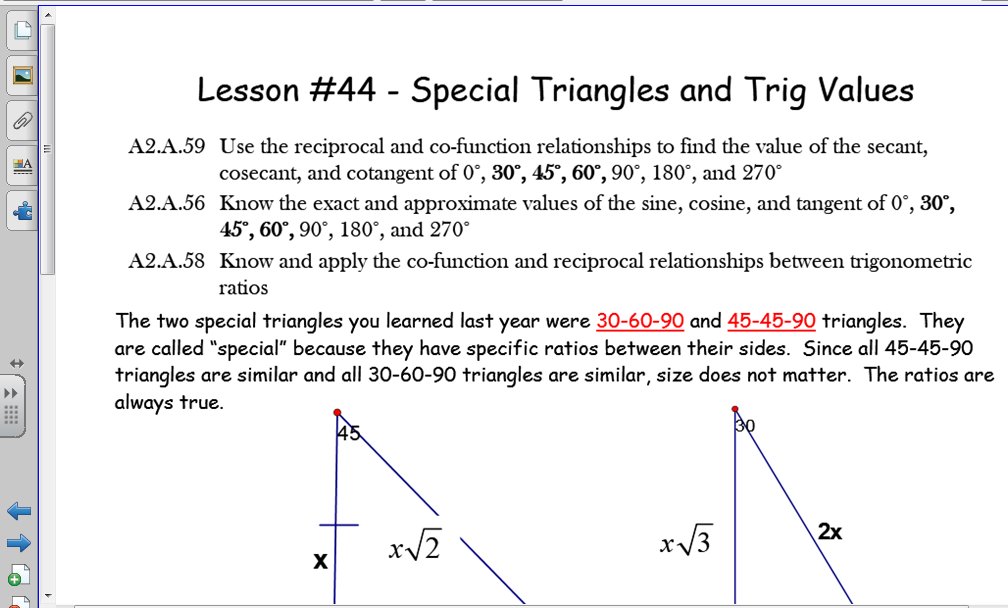 Lesson #44 - Special Triangles and Trig. Values