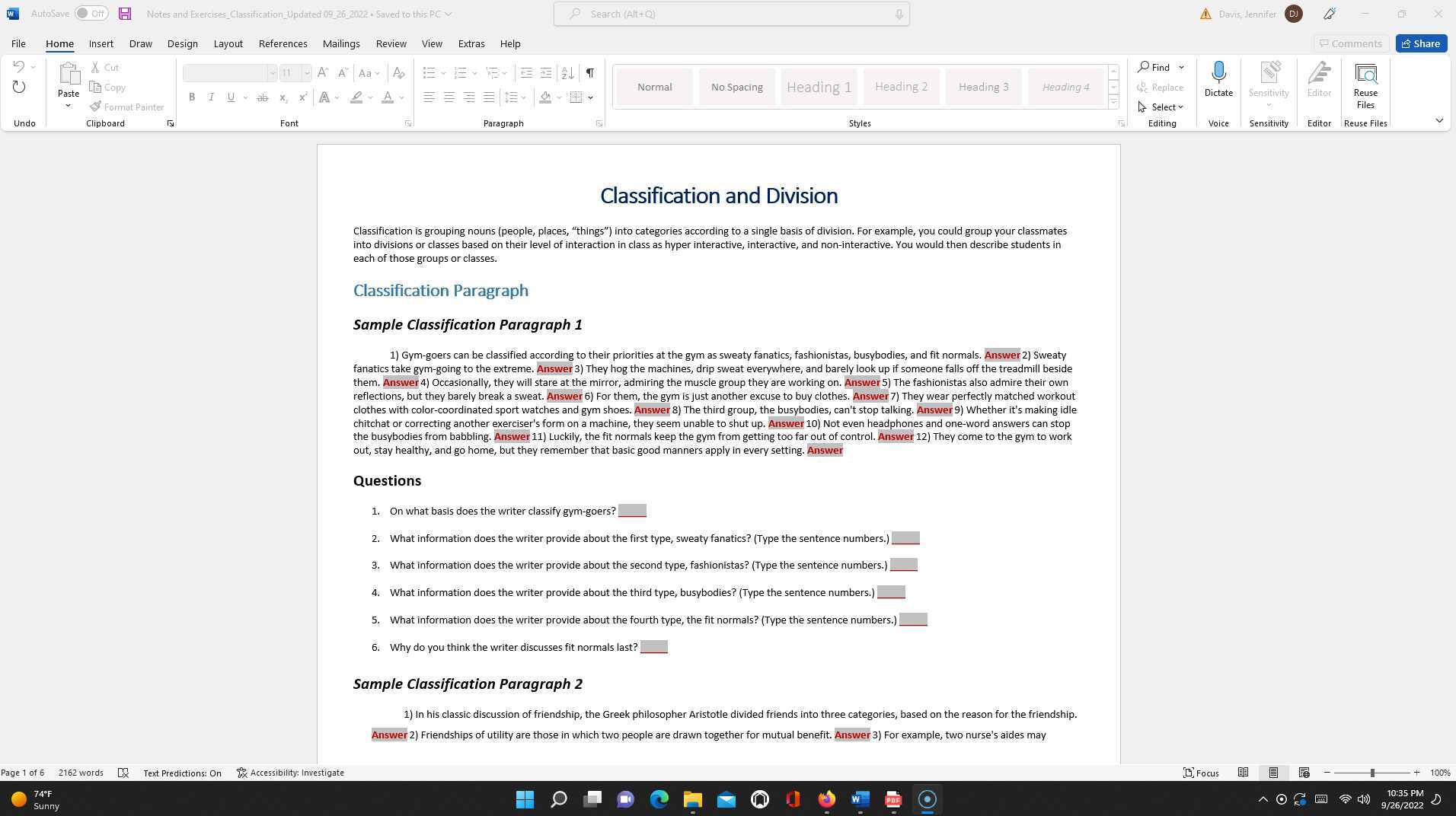 Mrs. Davis's Classification Lecture and Exercises Answers