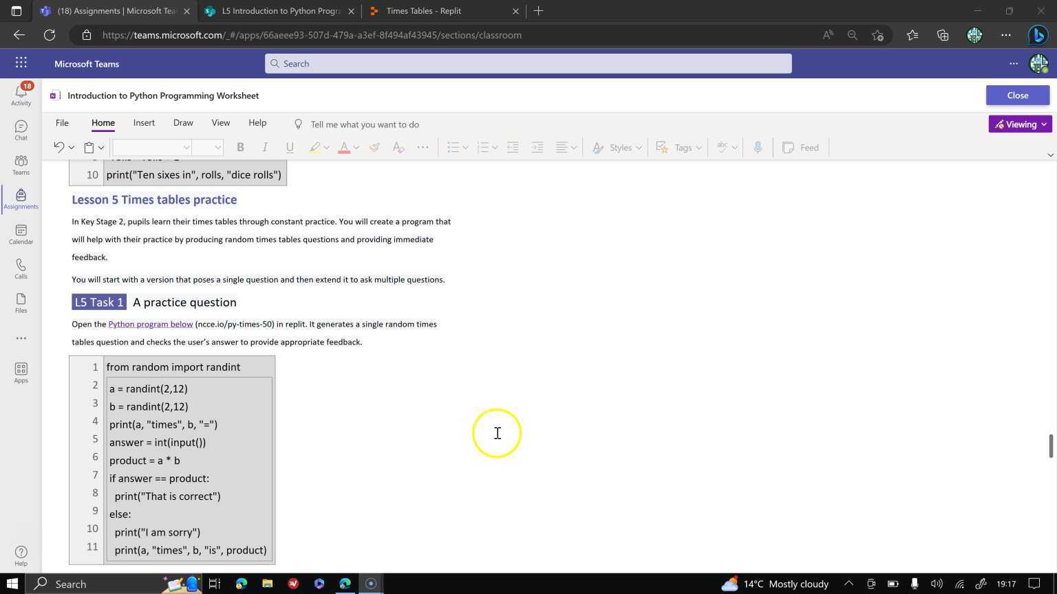 IPP L5 T1 Times Tables practice