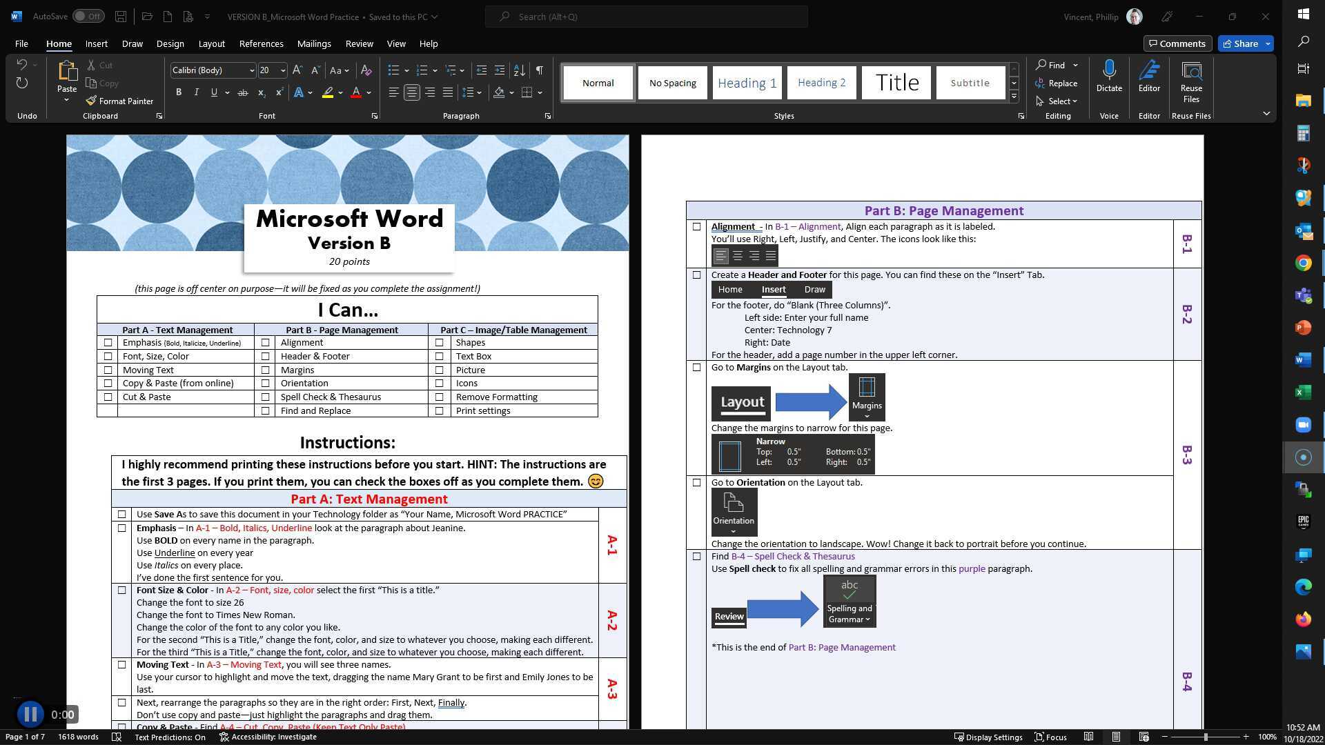 Version B Tutorial, Mic. Word Practice Assignment