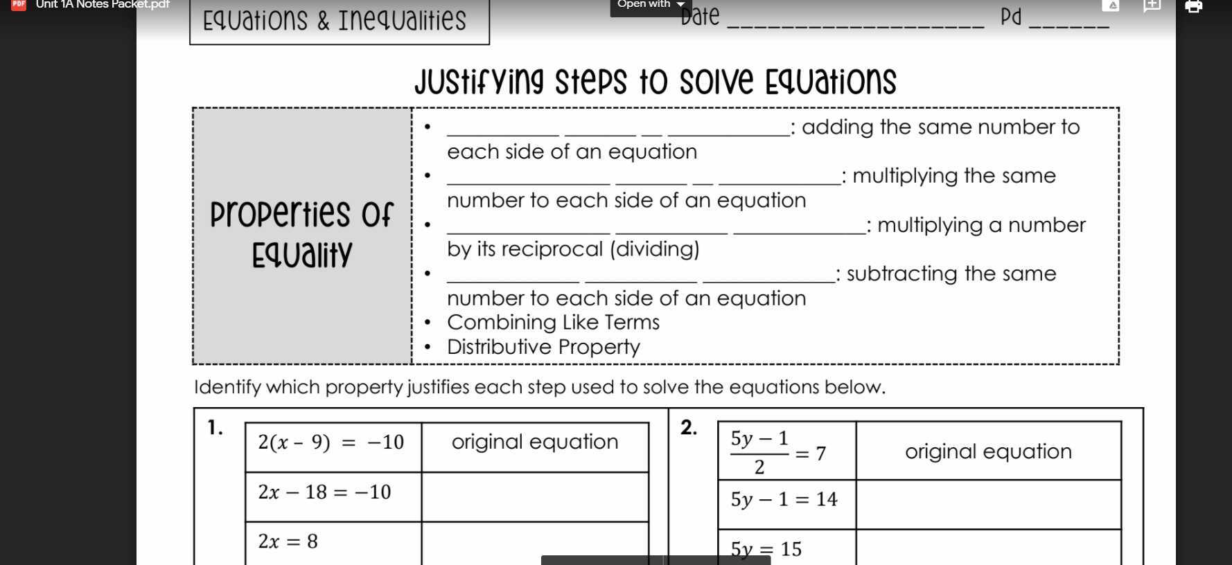 Solving Equations & Justifying Steps to Solve Equations