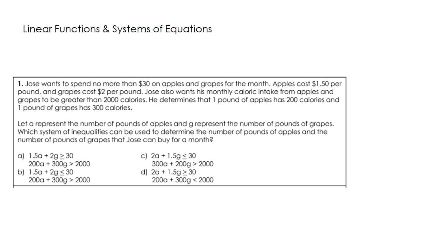 Linear Functions & Systems of Equations (1 through 17)