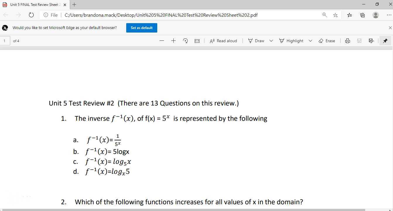 Unit 5 Test Review Sheet #2 Part A