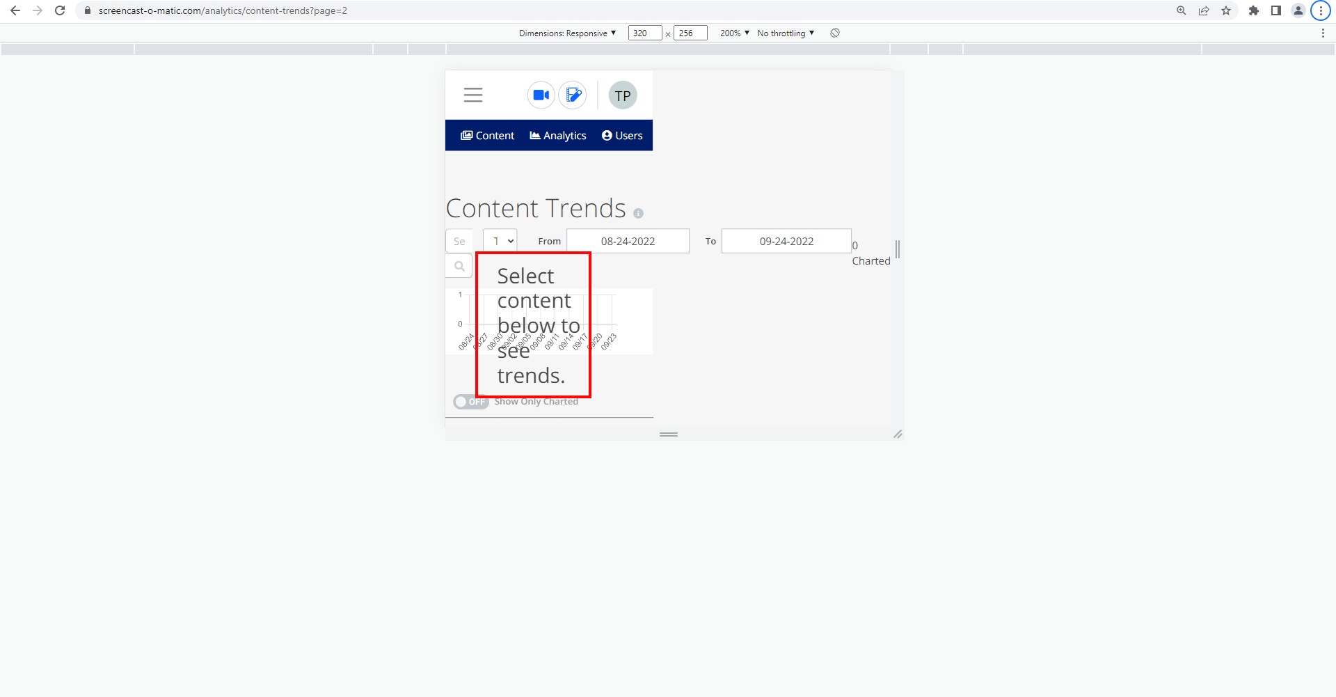 Text 'Select content below to see trends' gets misaligned viewport 320px X 256px