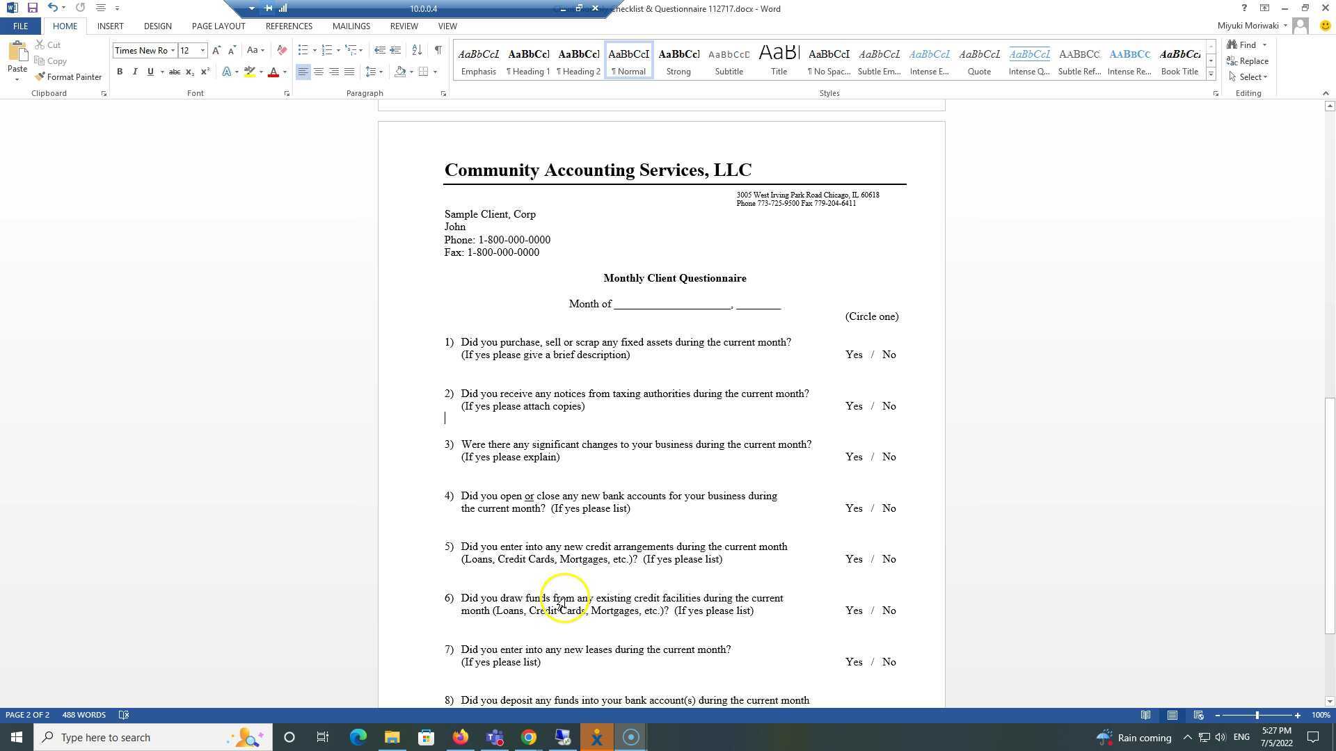 Monthly Questionnaire Instruction