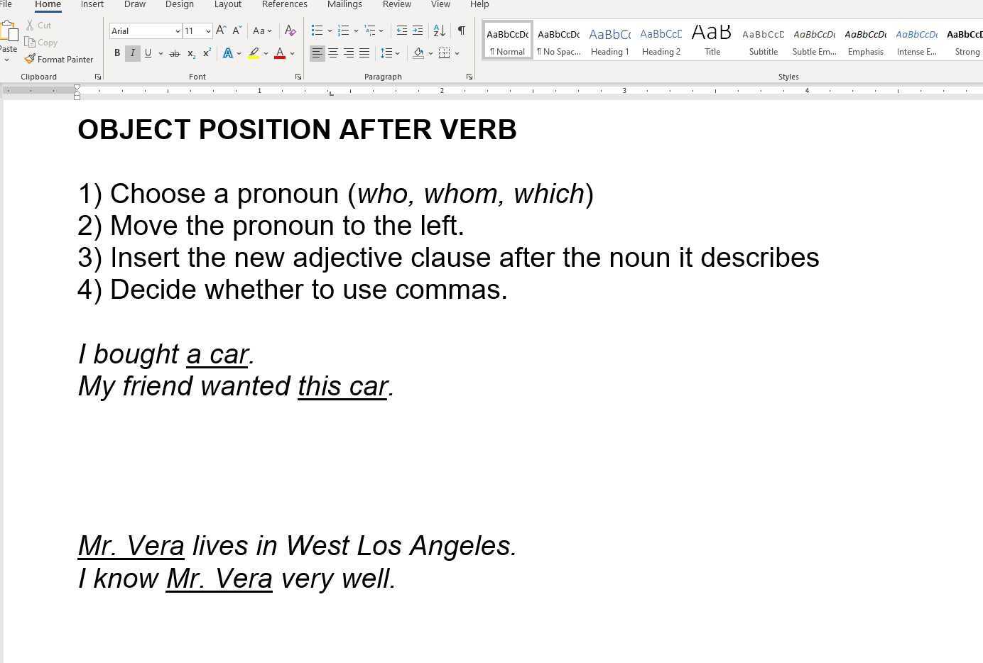 ADJECTIVE CLAUSES OBJECT POSITION AFTER VERB