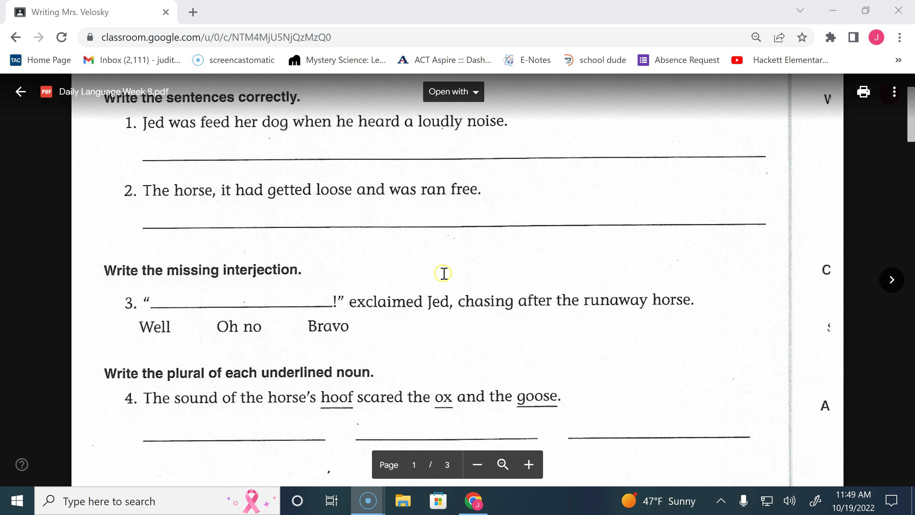 Writing Lesson 10/19/22