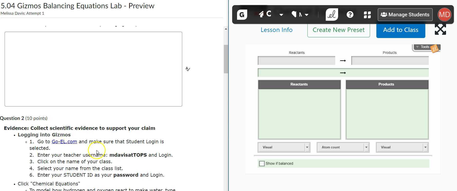 5.04 Gizmos Balancing Equations Lab