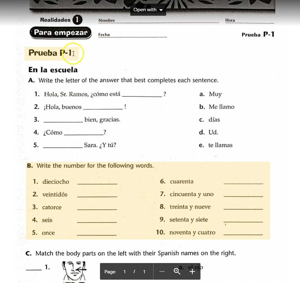 Span 1 Prueba-Para empezar: En la escuela/ En la clase/ El tiempo