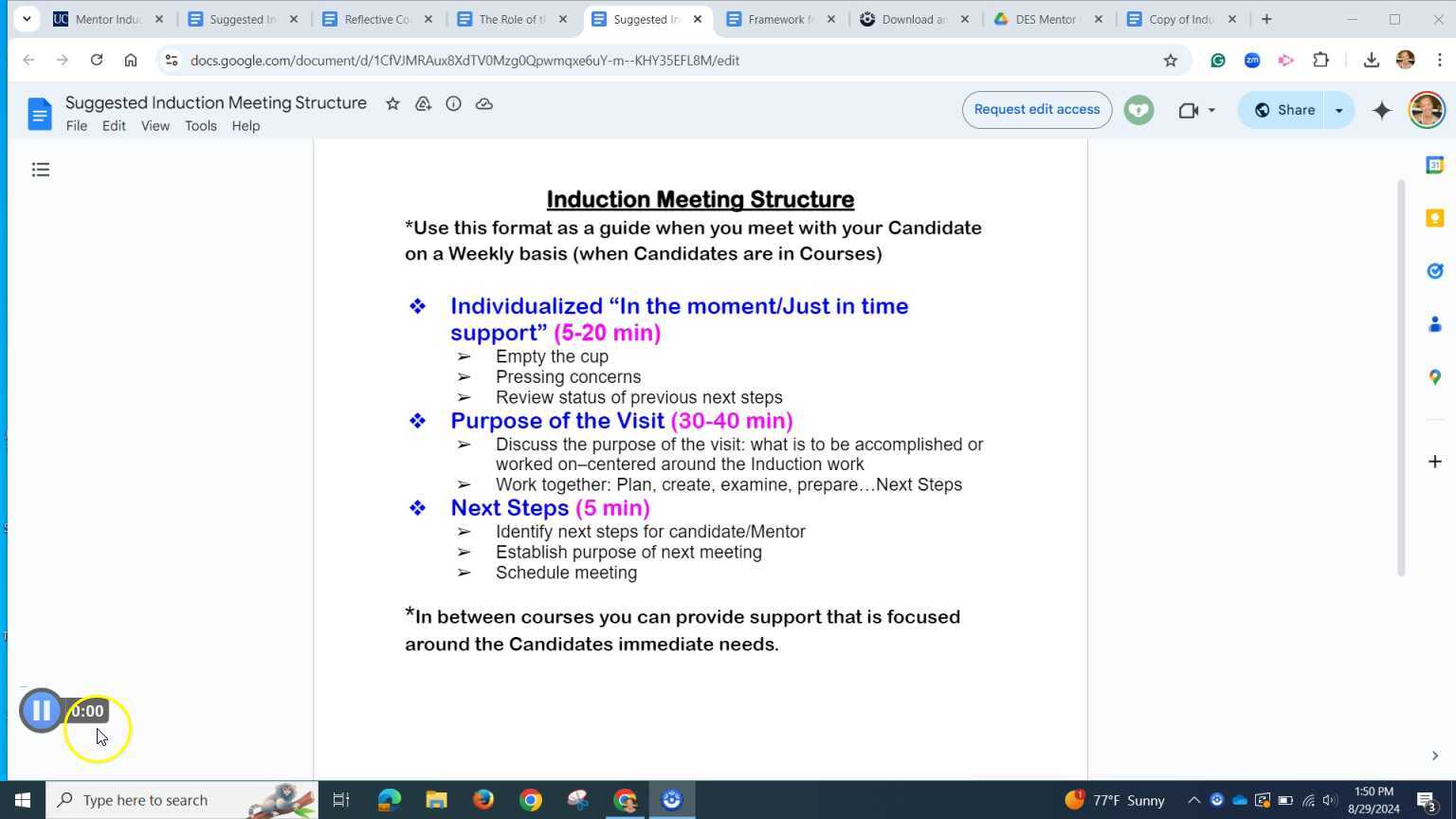 Mentor Tool and Induction Meeting Structure