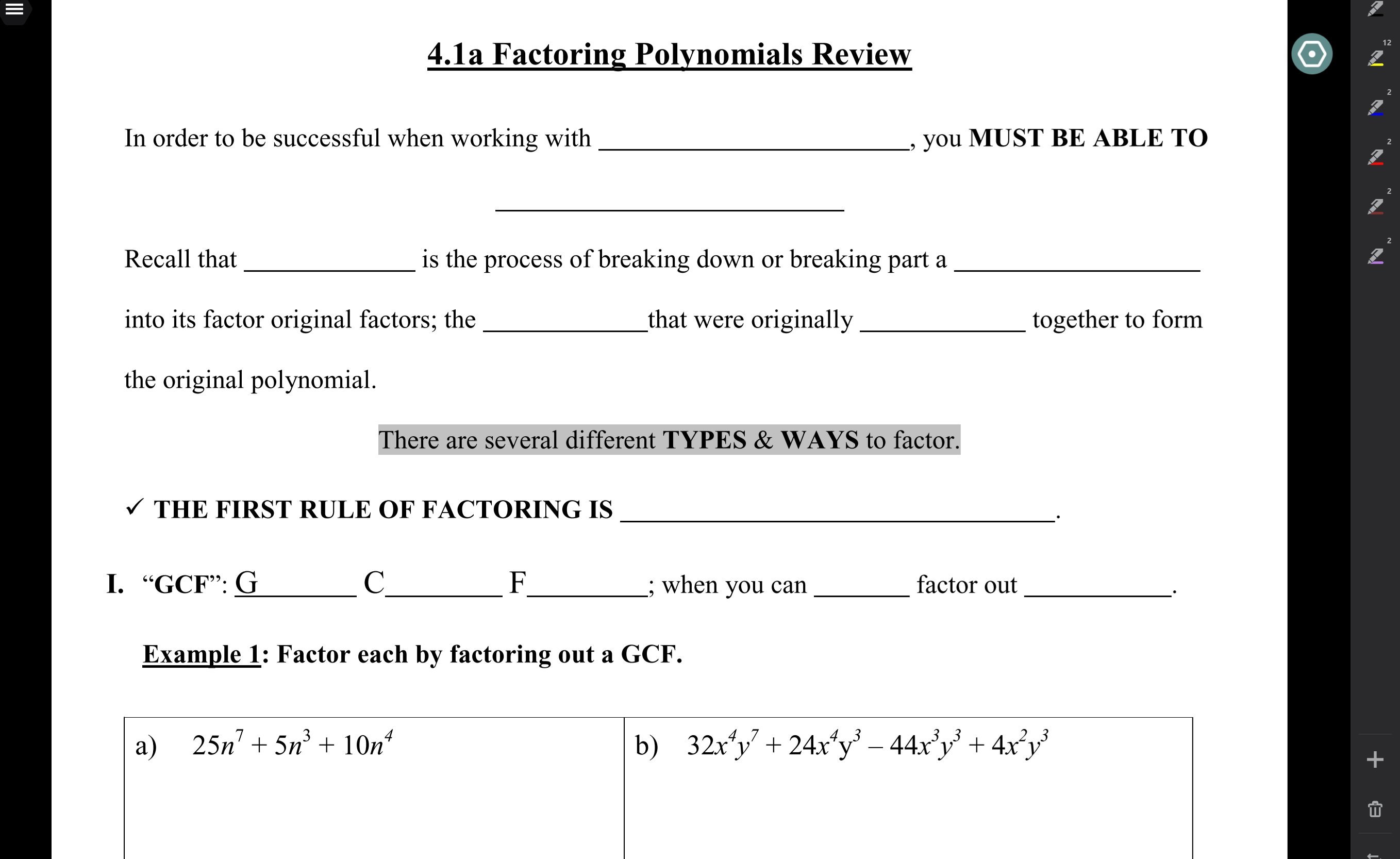4.1a Factoring Polynomial Review part 1