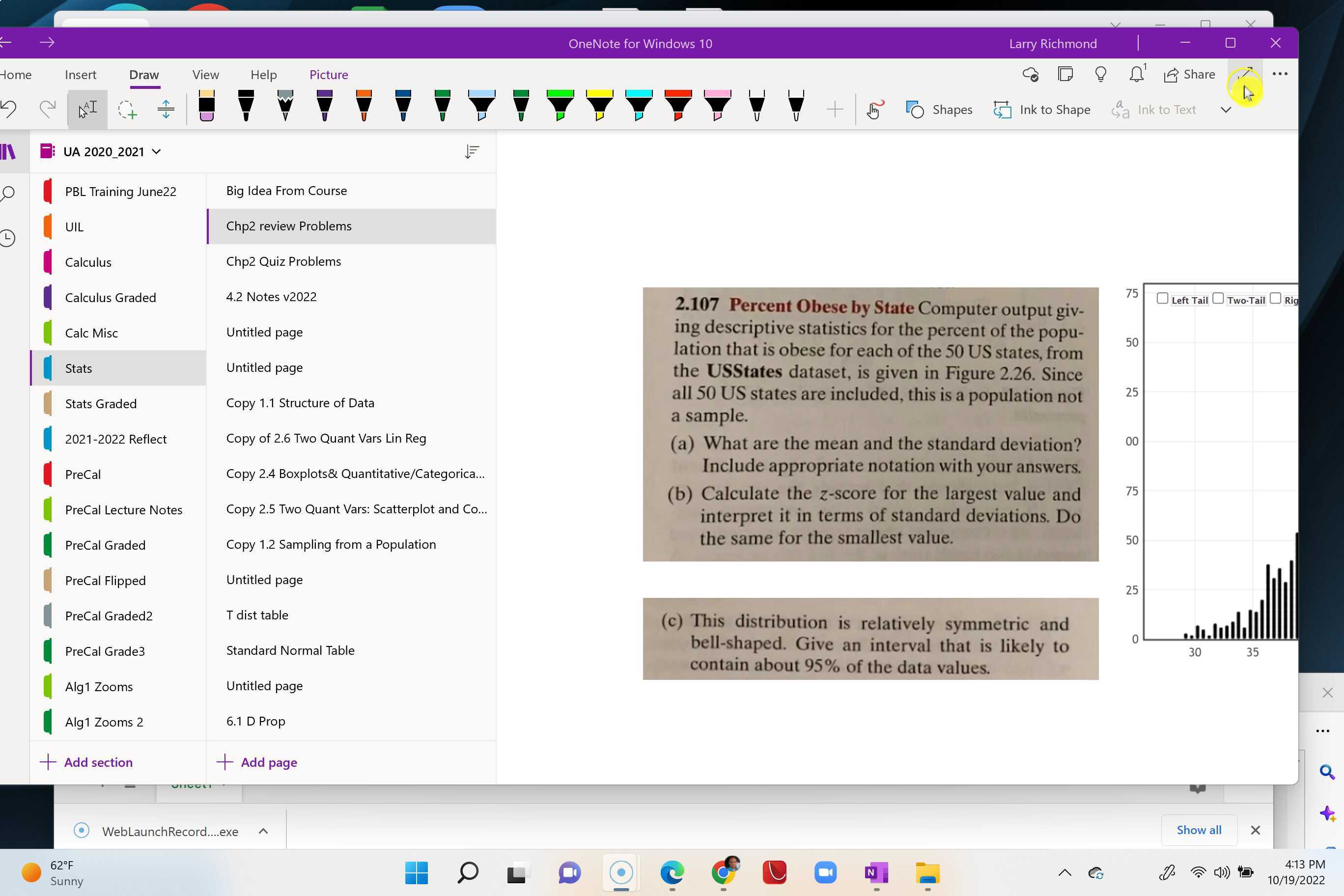 Stats Lock5 #2.107 Z score, mean, std dev using histogram